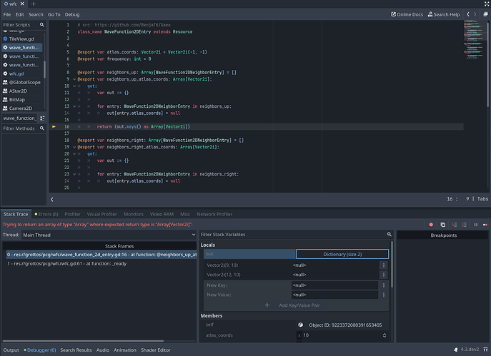 Trying to return an array of type "Array" where expected return type is "Array[Vector2]" - Help ...