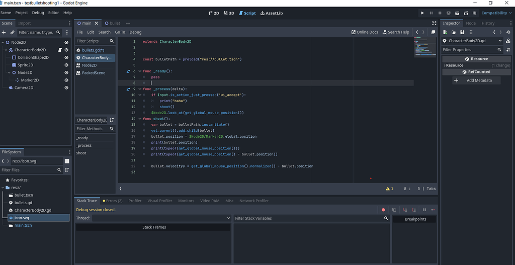 Invalid set index 'velocityy' (on base: 'node2d') with value of type 'vector2' - Help - Godot Forum