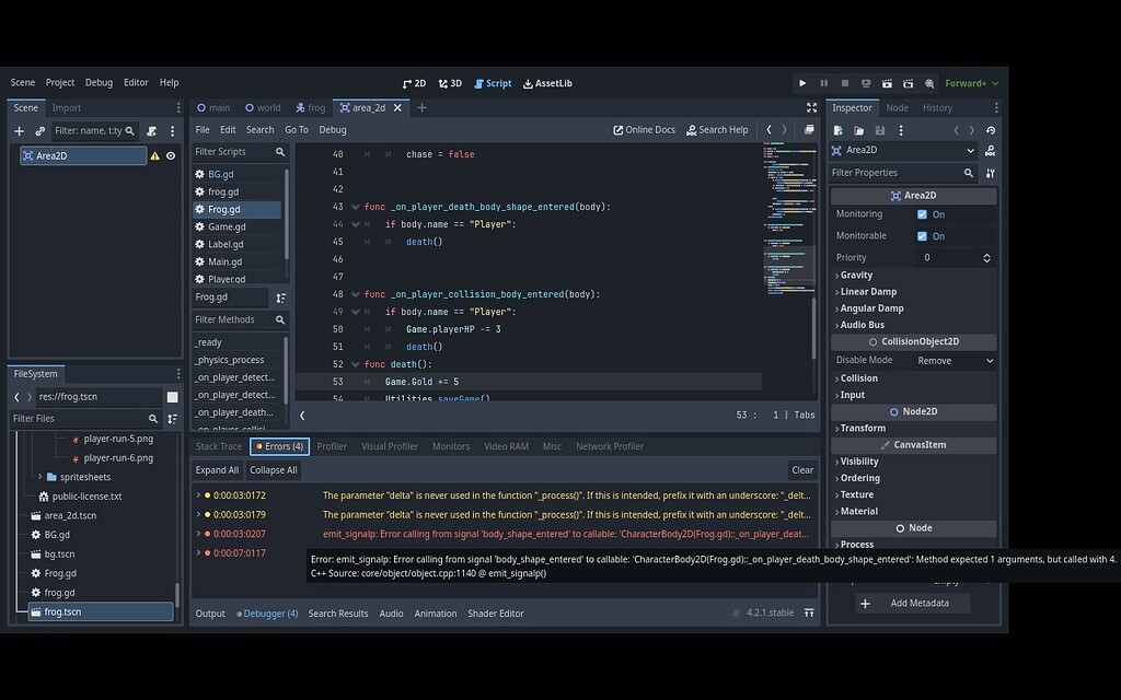Keep getting a strange error that cancels out killing a mob by jumping on it - Help - Godot Forum
