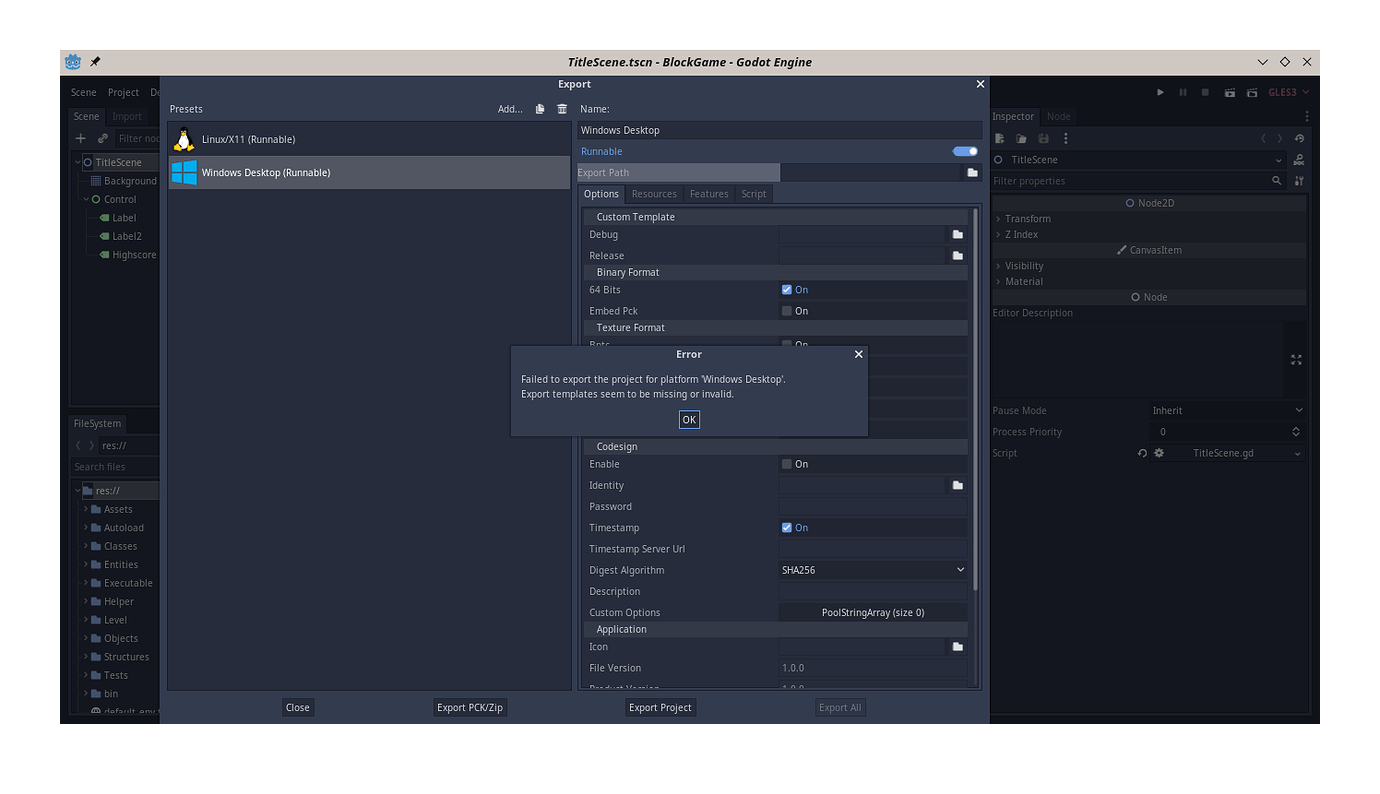 How do I fix the following error: Godot failed to export the project ...