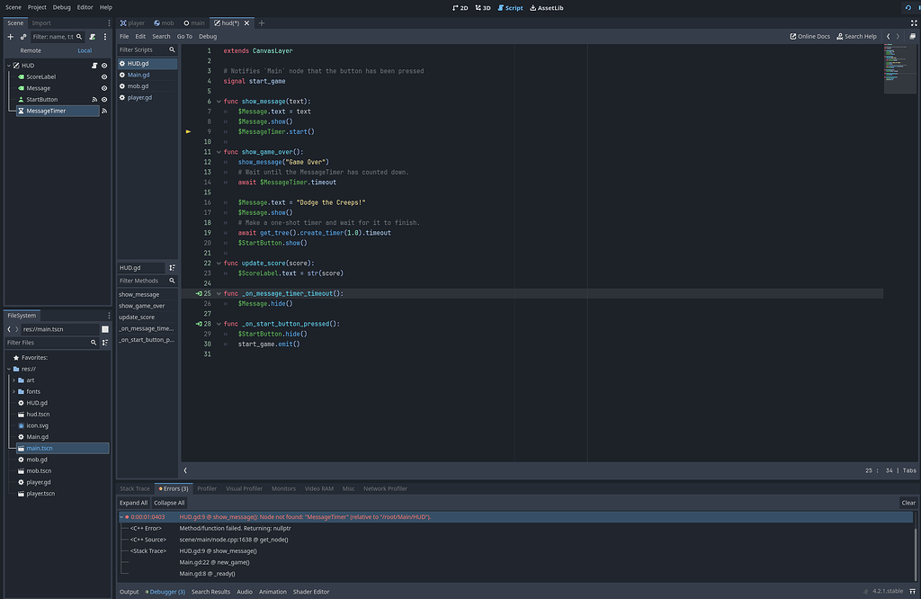 Godot "your first 2D game" : node not found - Help - Godot Forum