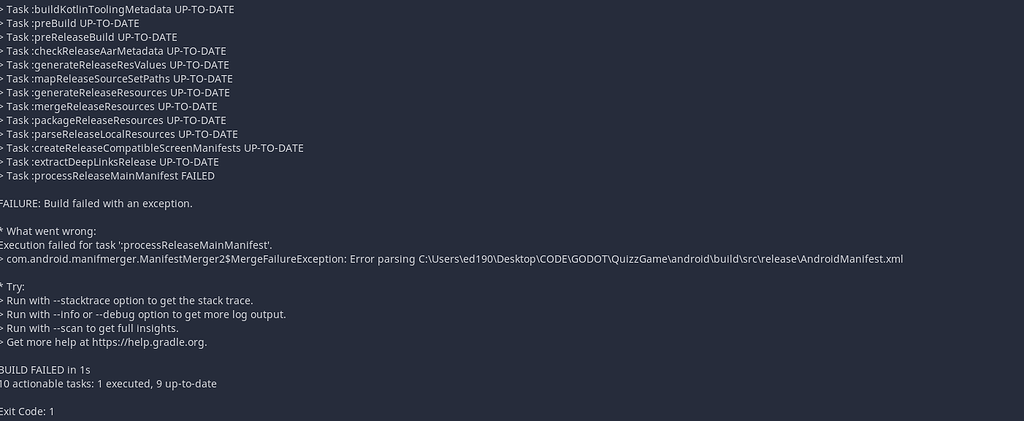 Exportation error with AndroidManifest.xml - Help - Godot Forum
