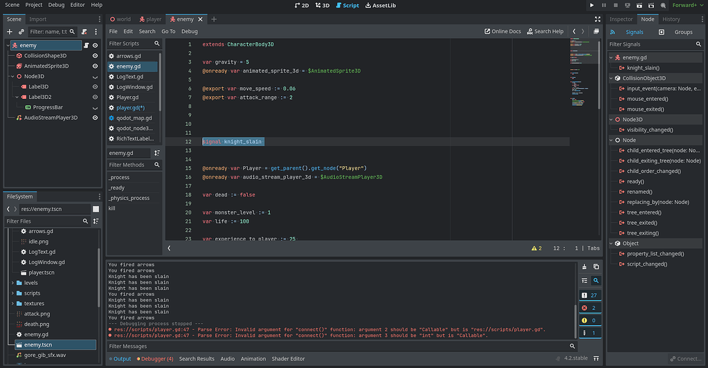 Connecting signal from enemy script to player script using code issue - Programming - Godot Forum