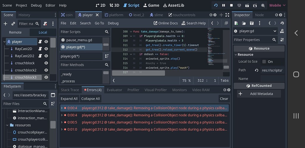 Why do i get the error player.gd:312 @ take_damage(): Removing a CollisionObject node during a ...