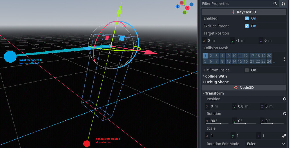 Rotated RayCast3D: Adding point at end of target_position not accounting for rotation, pls help ...