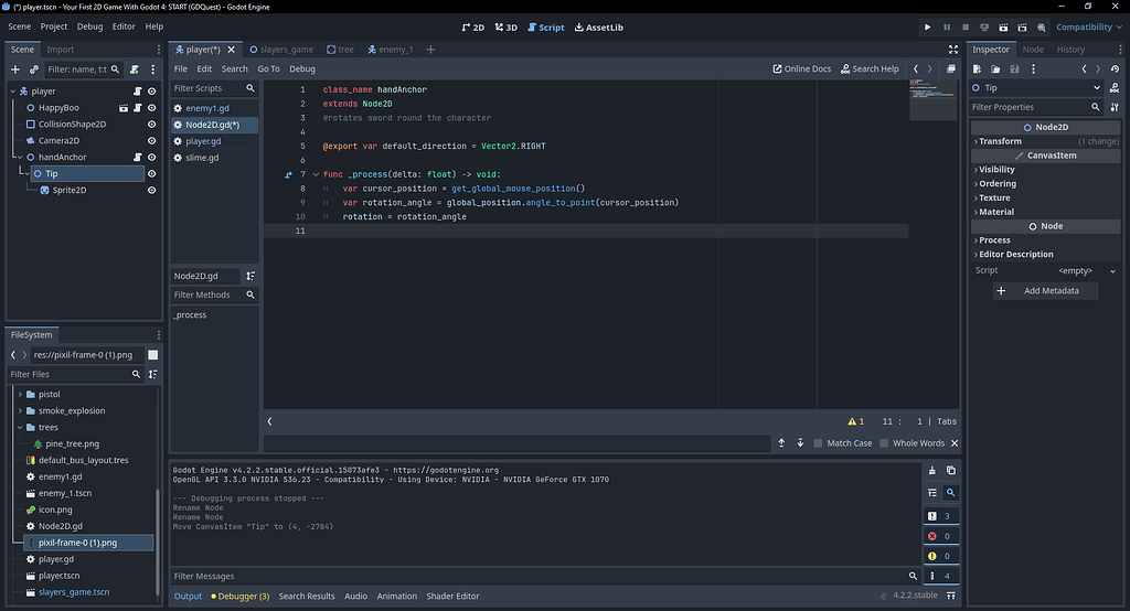 Trying to make a sword orbit around player following the cursor ...