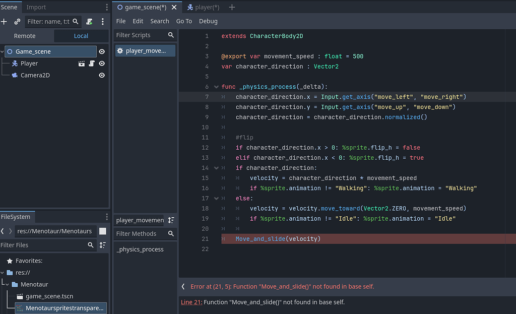 Script for character movement doens't work because of "move_and_slide ...