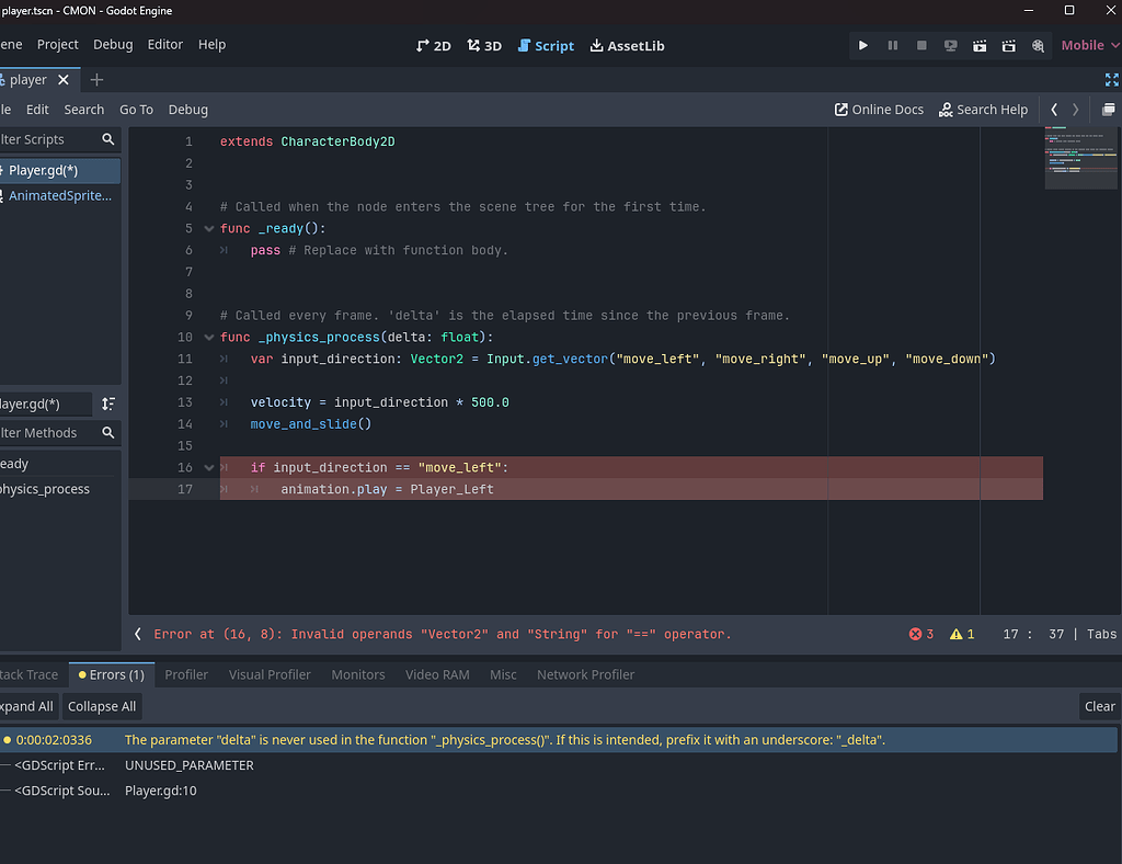 Why won't my player animation work with the movement code in my rpg - Help - Godot Forum