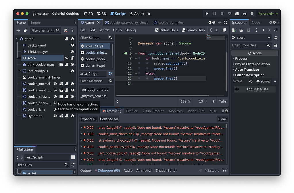 Creating scoring system in Godot : Why can't I access my score node as a Unique name? Also why ...