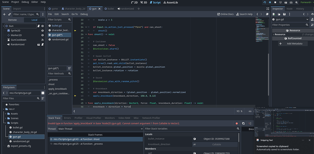 Invalid type in function "apply_knockback" in base "Node2D (gun.gd)". Cannot convert argument 1 ...