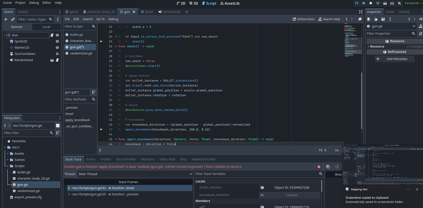 Invalid type in function "apply_knockback" in base "Node2D (gun.gd)". Cannot convert argument 1 ...