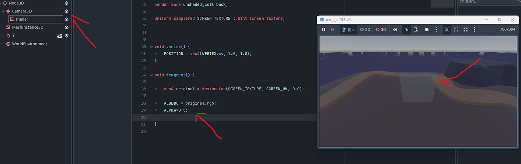 The opacity of camera shaders affects world objects - Help - Godot Forum