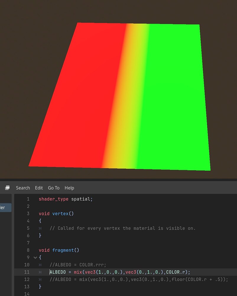 Creating sharp transition between vertex colors - Shaders - Godot Forum