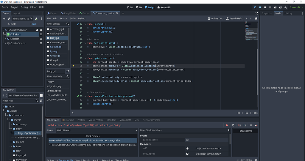 Invalid set index 'texture' (on base: 'Sprite2D') with value of type 'String'. - Help - Godot Forum