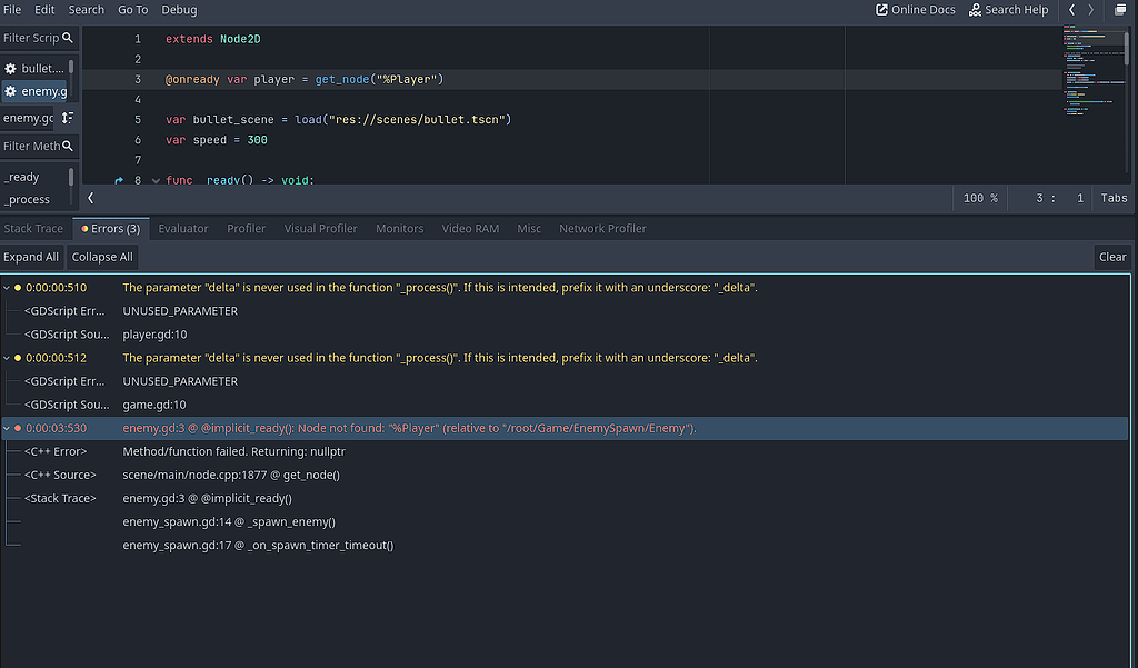 Player is null no matter what I do and bullet won't spawn - Programming - Godot Forum