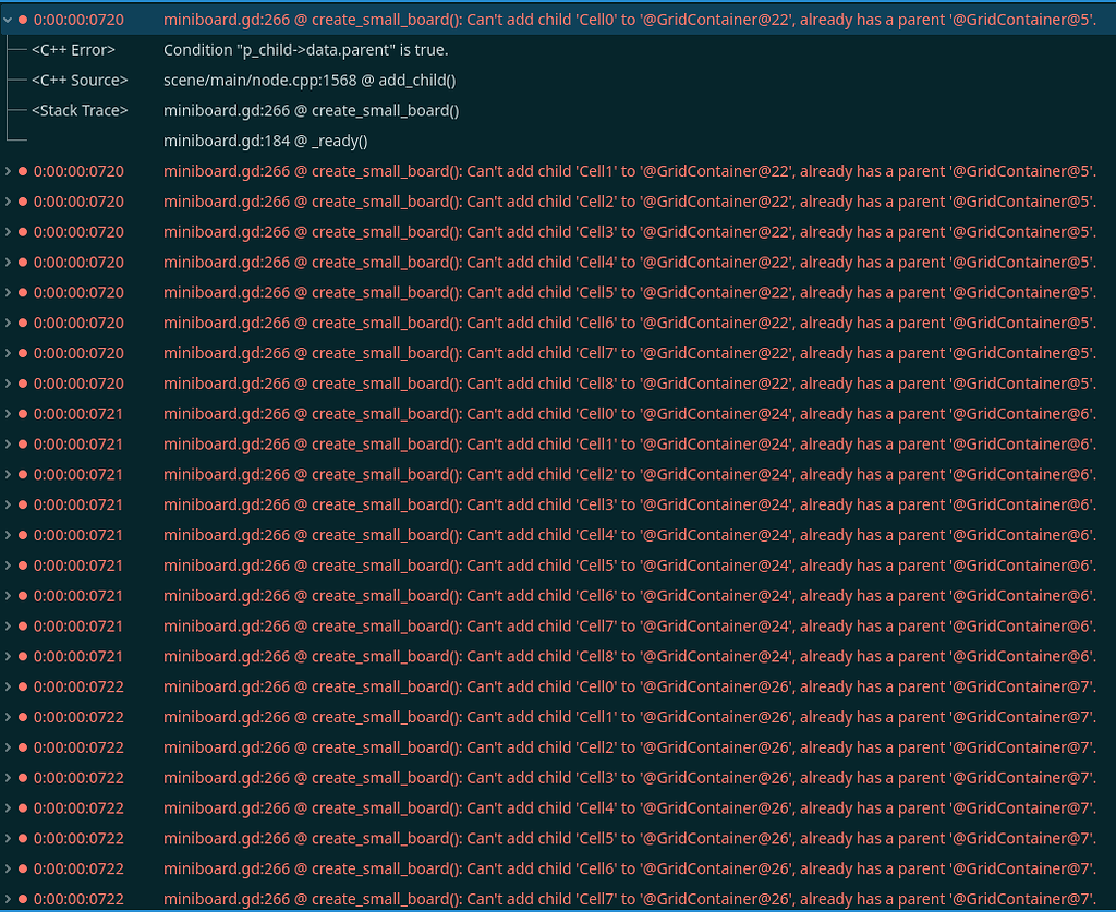 Error: Can't add child 'Cell0' to '@GridContainer@22', already has a parent '@GridContainer@5 ...