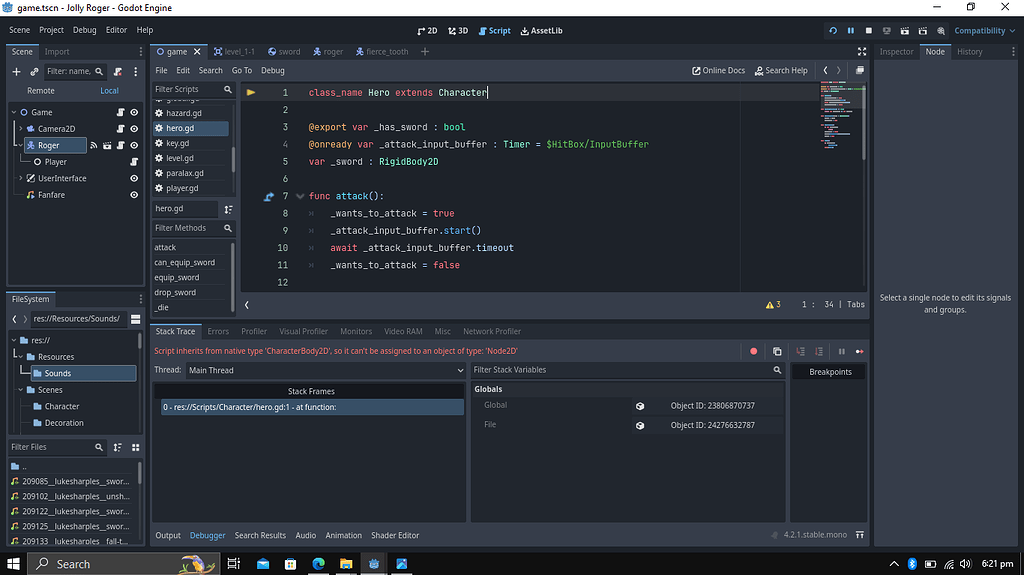 Script inherits from native type 'CharacterBody2D', so it can't be assigned to an object of type ...