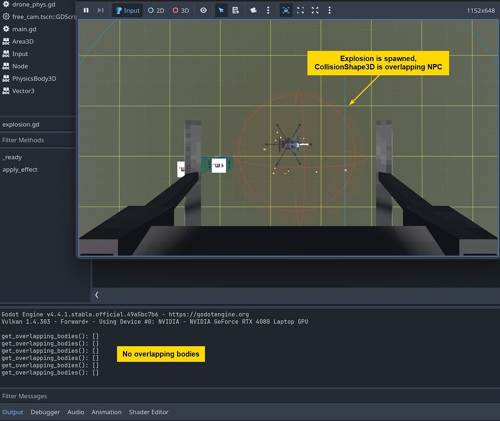Area 3D not detecting bodies? (making explosion) - Physics - Godot Forum