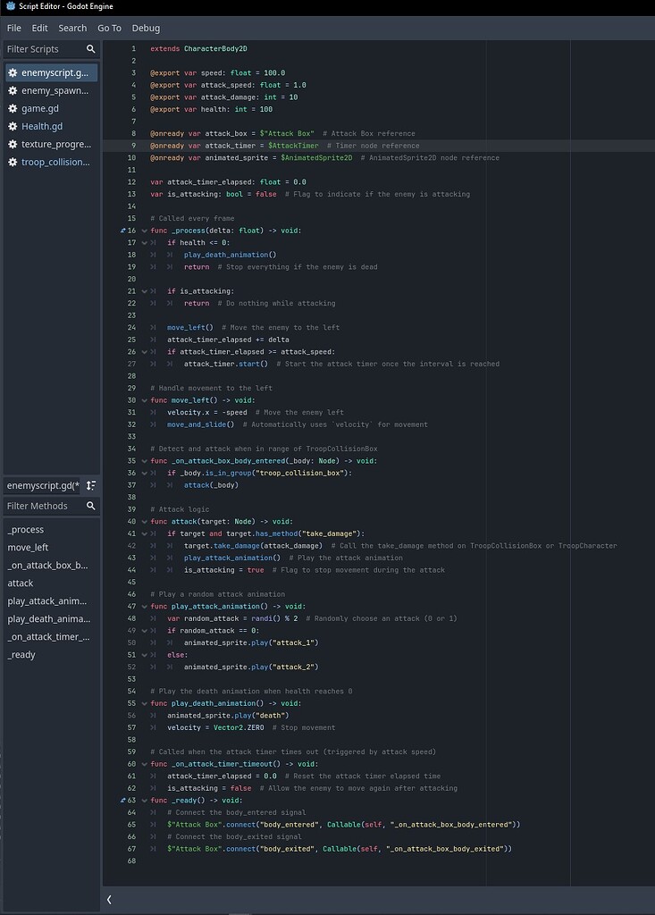 Help with enemies not attacking a troop collision box - Help - Godot Forum