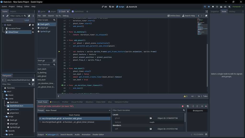 Invalid get index 'animation' (on base: 'Nil') - Help - Godot Forum