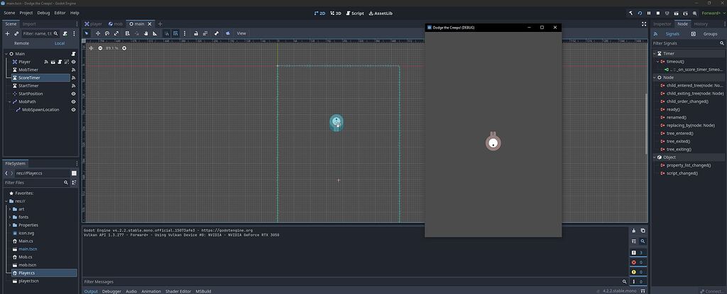 Make your first 2D Game "The main game scene" section. Mobs do not spawn in c# - Help - Godot Forum