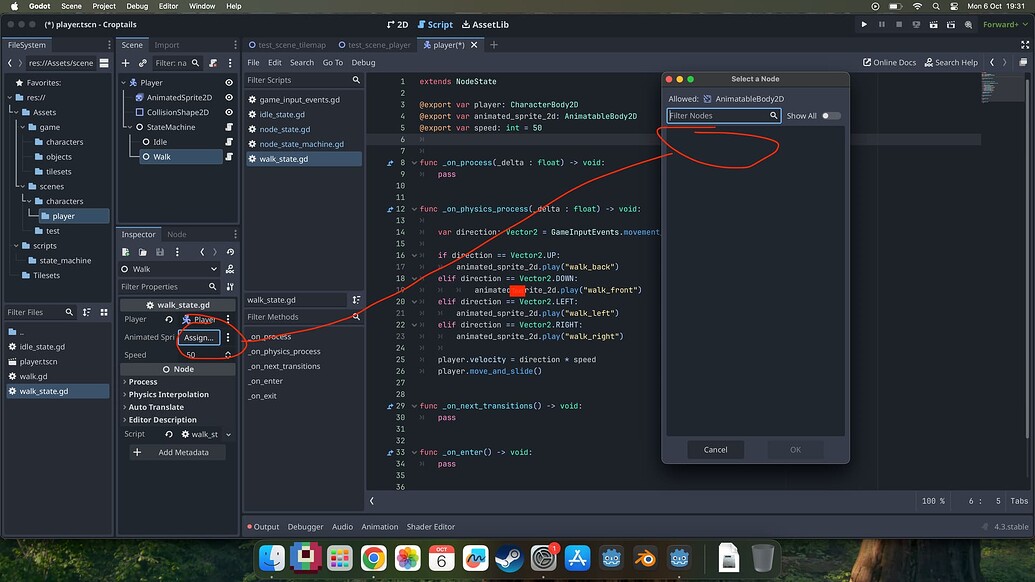 Can't assign animated_sprite_2d property to a walk node - Animation - Godot Forum