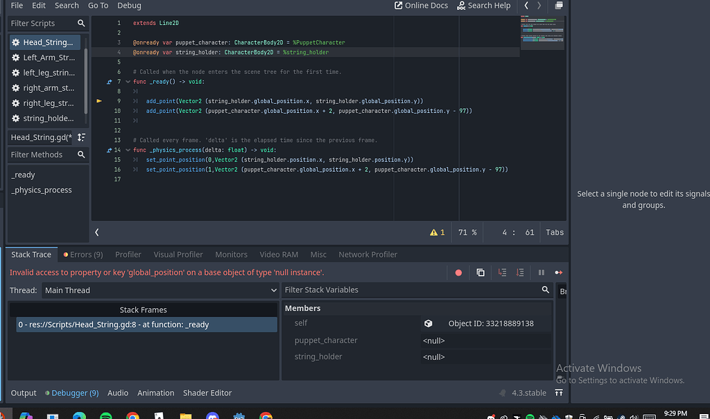 Invalid access to null node although it starts in the scene - Help - Godot Forum