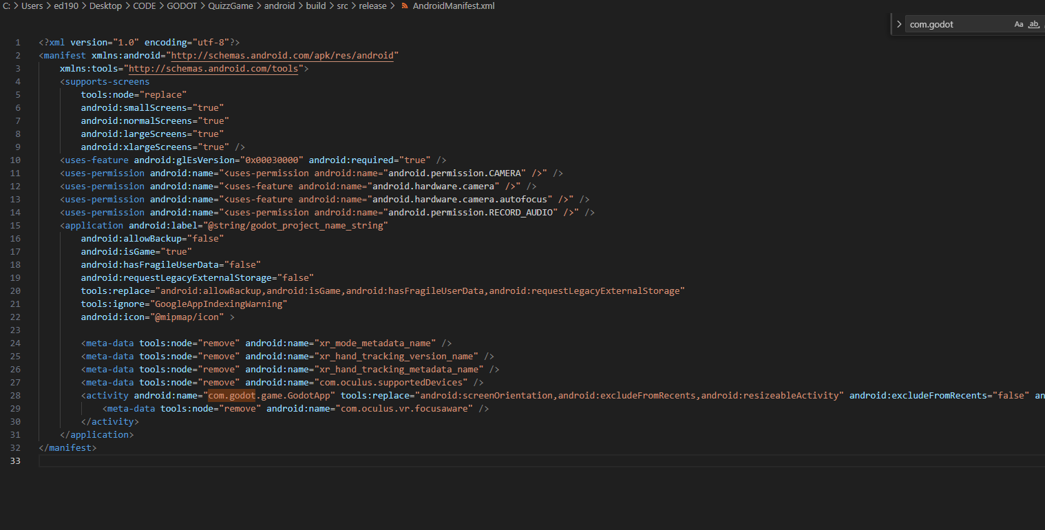 Exportation error with AndroidManifest.xml - Help - Godot Forum Exportation error with AndroidManifest.xml - Help - Godot Forum