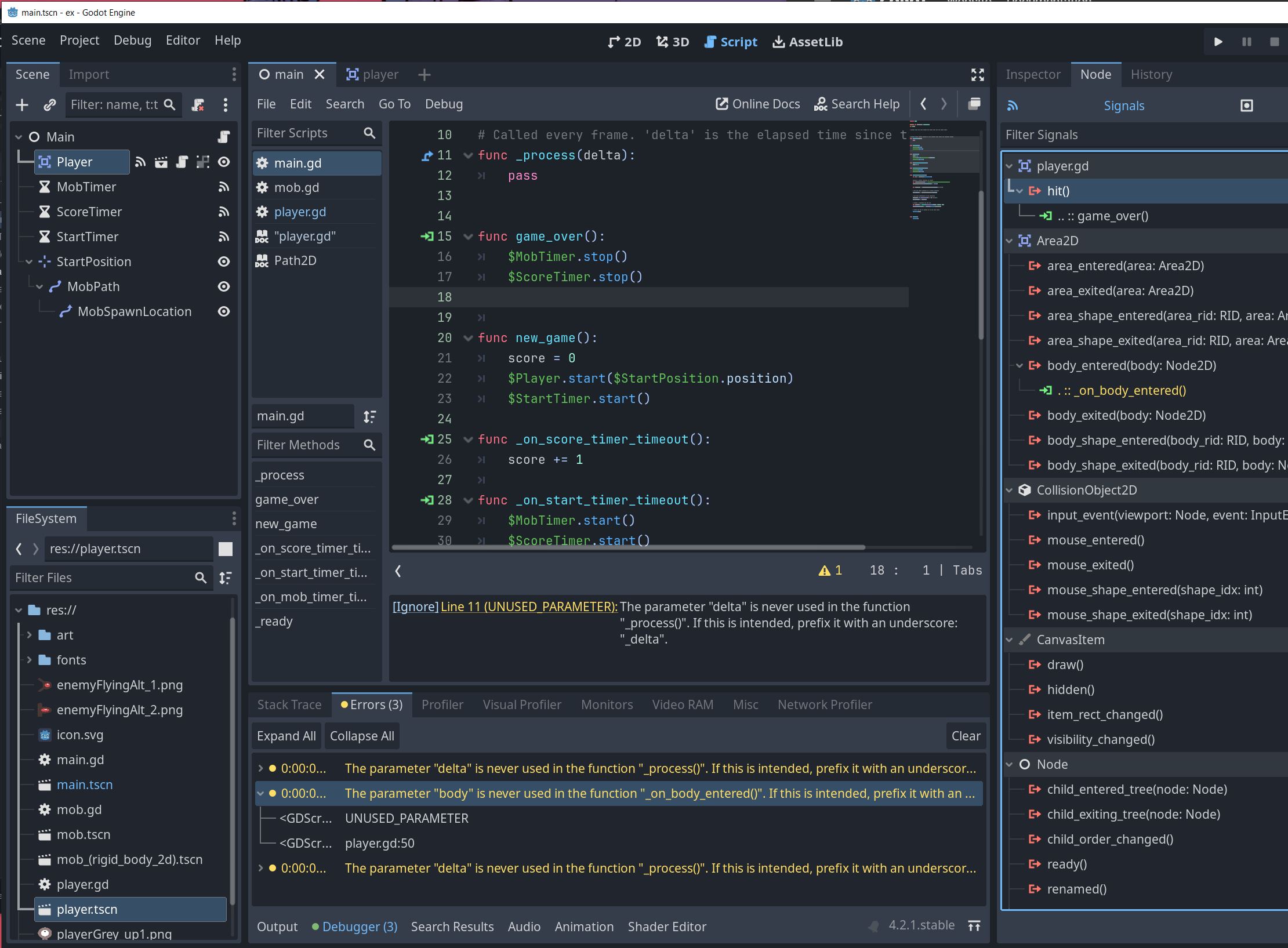 Help with First 2D game tutorial - Mobs keep spawning after collision - Help - Godot Forum
