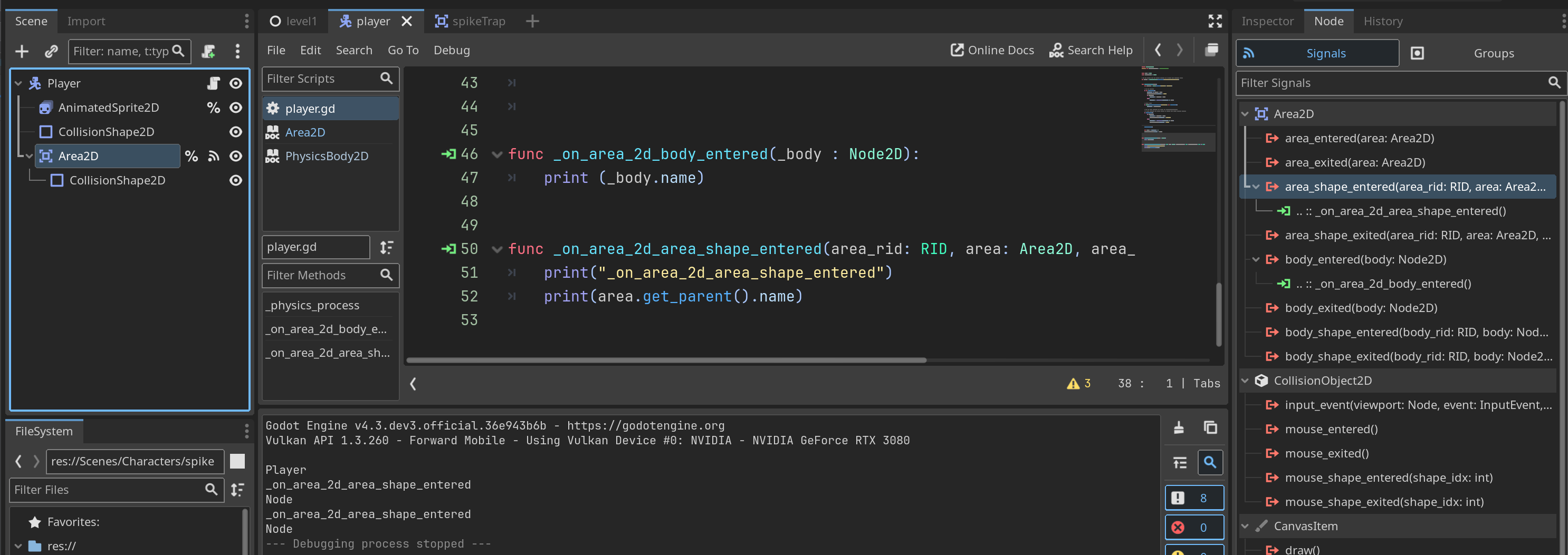 Player does not collide with traps - Physics - Godot Forum