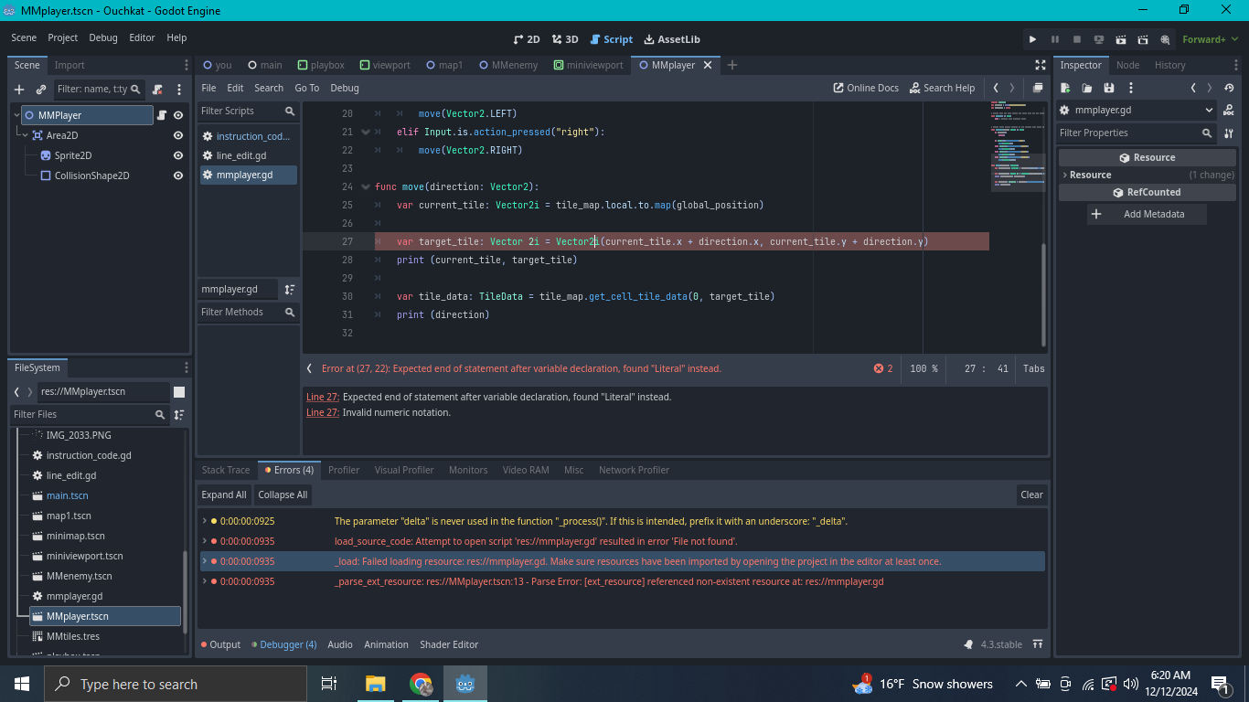 Following a tutorial, but getting errors. Scripting tilemap movement - Programming - Godot Forum