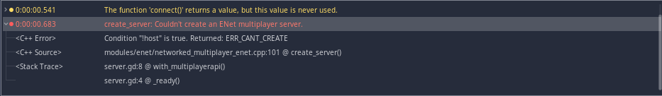 Couldn't create an ENet multiplayer server - Help - Godot Forum